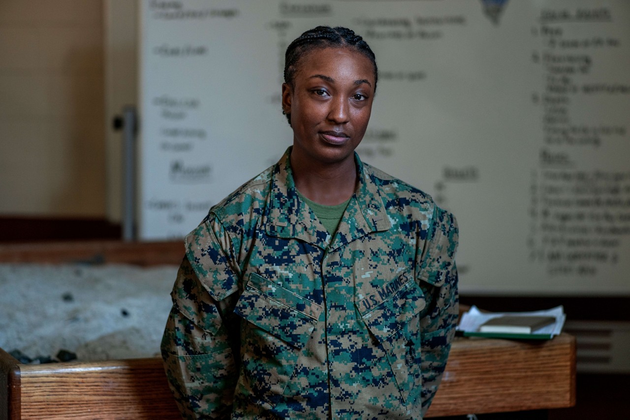 Marines standing in formation during drill.
